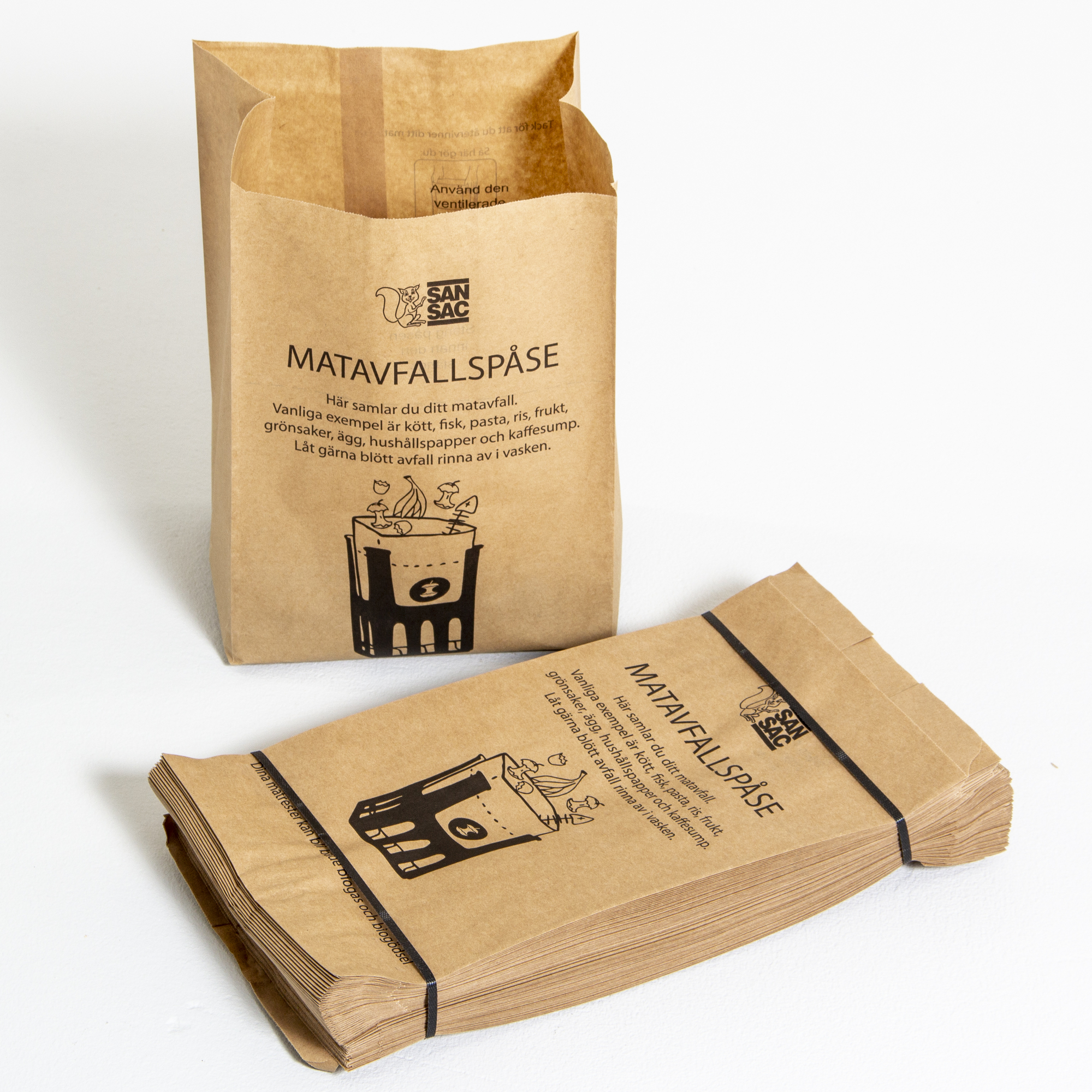 Bruna påsen - en matavfallspåse av vattenavvisande kraftpapper.